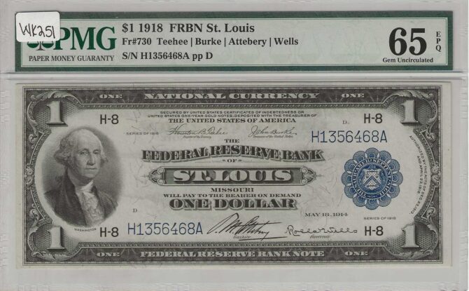 FR. 0729 – 1918 $1 Federal Reserve Bank Note Chicago PMG 64